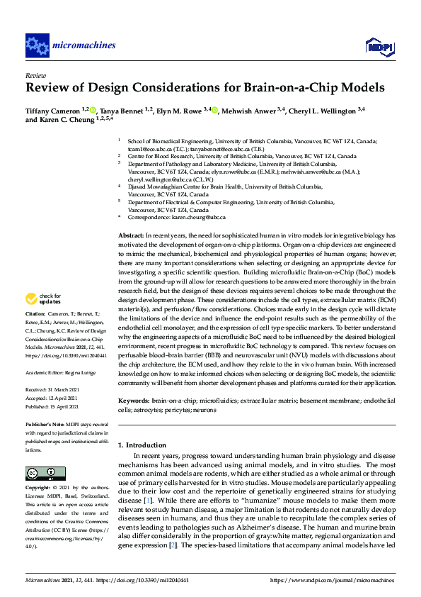 (PDF) Review of Design Considerations for Brain-on-a-Chip Models