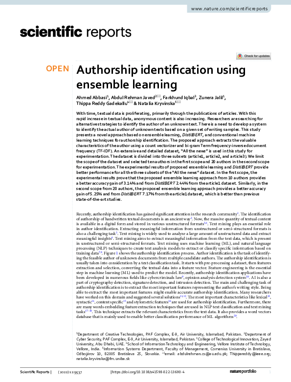 (PDF) Authorship identification using ensemble learning