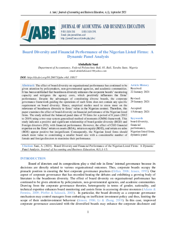 (PDF) Board Diversity and Financial Performance of the Nigerian Listed ...