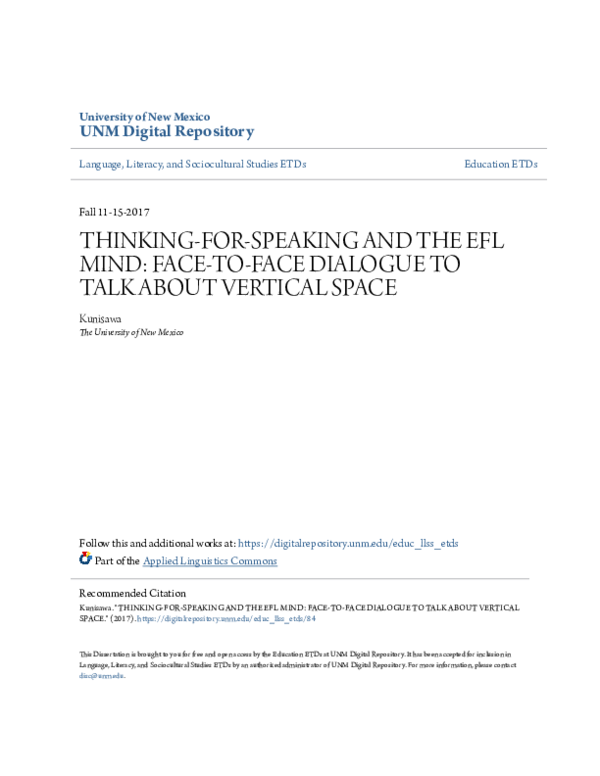 (PDF) Thinking-For-Speaking and the Efl Mind: Face-To-Face Dialogue to ...