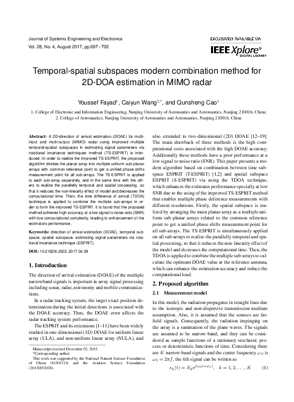 (PDF) Temporal-spatial subspaces modern combination method for 2D-DOA estimation in MIMO radar