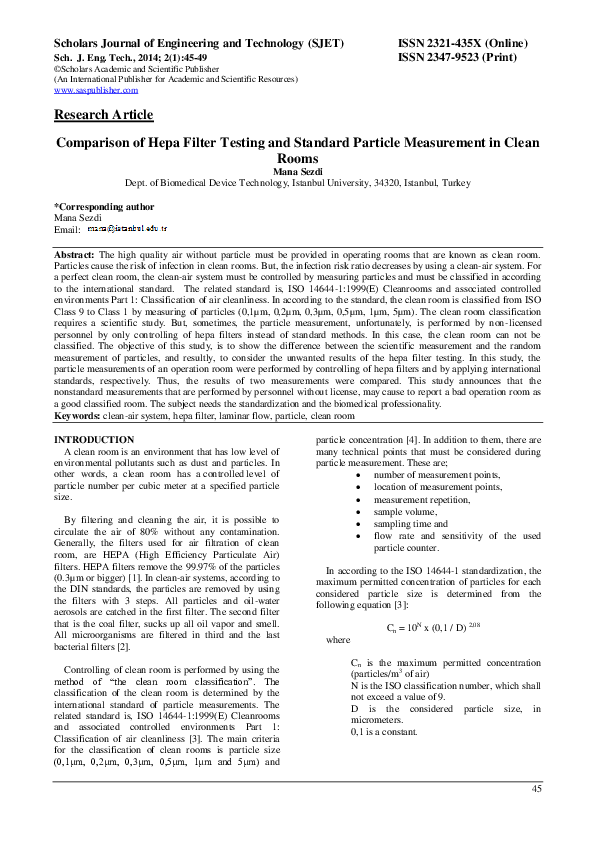 (PDF) Comparison of Hepa Filter Testing and Standard Particle ...