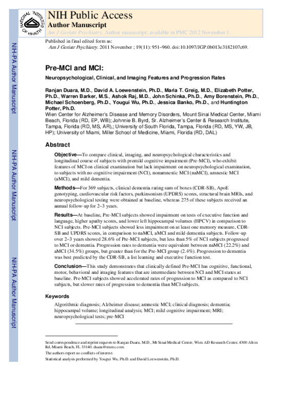 (PDF) Pre-MCI and MCI: neuropsychological, clinical, and imaging ...