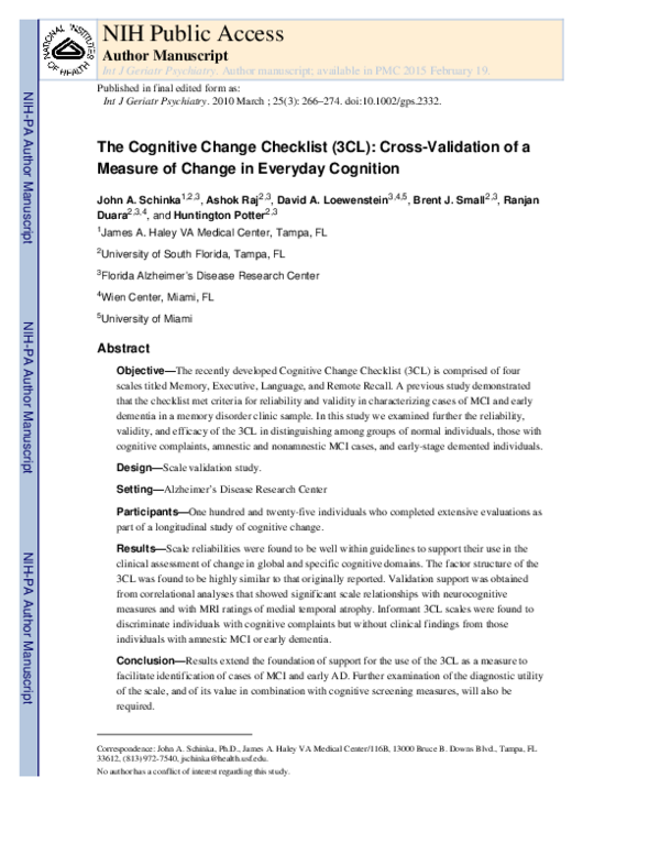 (PDF) The cognitive change checklist (3CL): cross-validation of a ...
