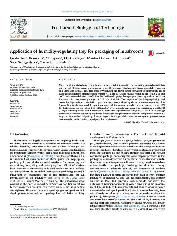 (PDF) Application of humidity-regulating tray for packaging of mushrooms