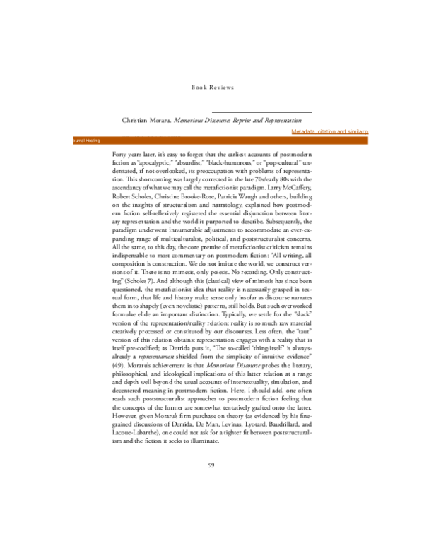 (PDF) Christian Moraru. Memorious Discourse: Reprise and Representation ...