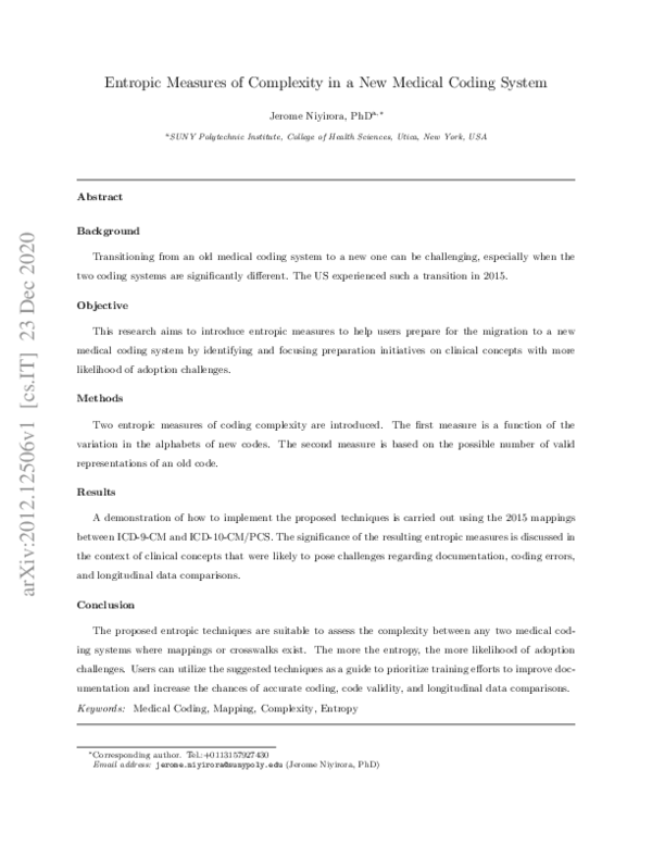 Pdf Entropic Measures Of Complexity In A New Medical Coding System