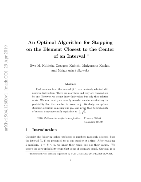 (PDF) Optimal Stopping for Central Interval Selection
