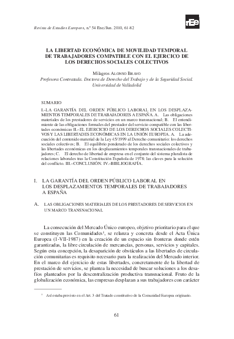 (PDF) La Libertad económica de movilidad temporal de trabajadores compatible con el ejercicio de ...