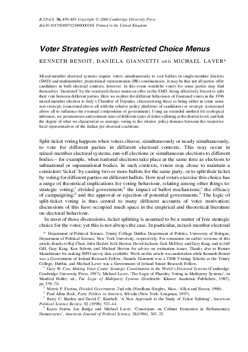 (PDF) Voter Strategies with Restricted Choice Menus | Daniela Giannetti ...