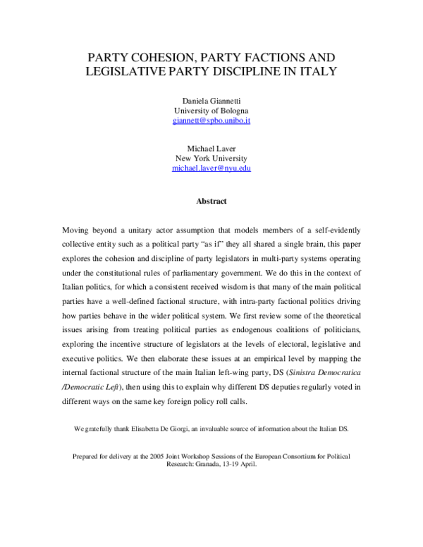 (PDF) Party cohesion, party factions and legislative party discipline ...