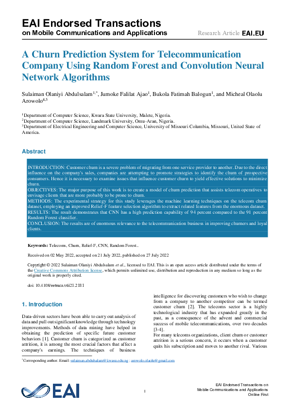 (PDF) A Churn Prediction System for Telecommunication Company Using Random Forest and ...