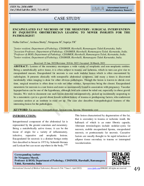 (PDF) Encapsulated Fat Necrosis of the Mesentery: Surgical Intervention ...