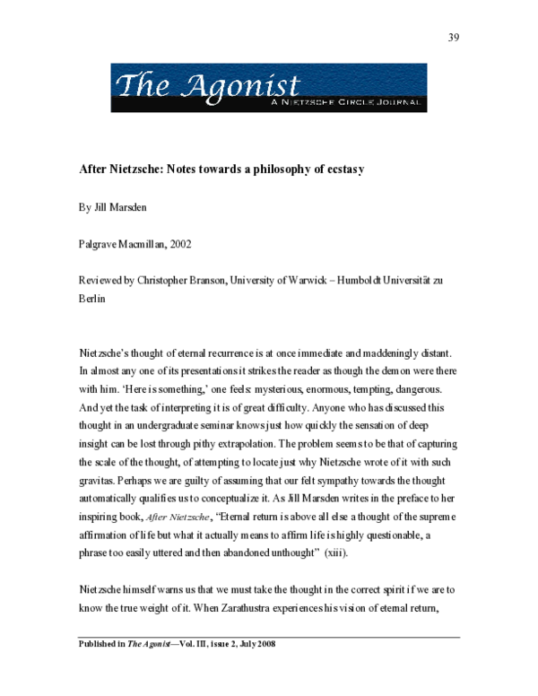 (PDF) After Nietzsche : notes towards a philosophy of ecstasy