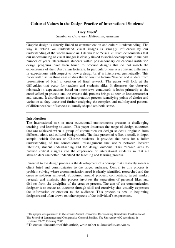 (PDF) Cultural values in the design practice of international students
