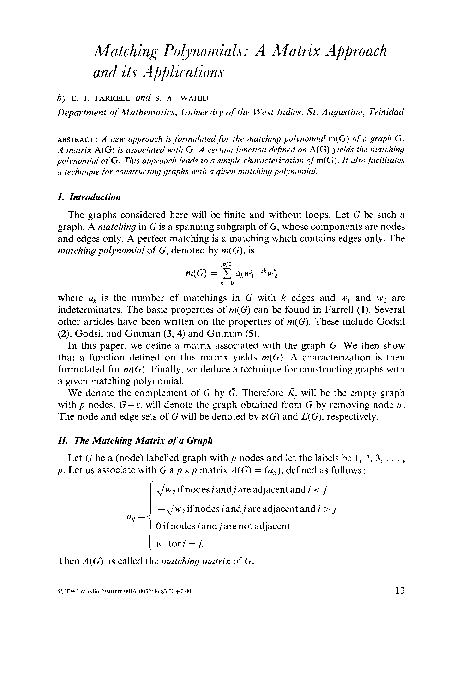(PDF) Matching polynomials: A matrix approach and its applications