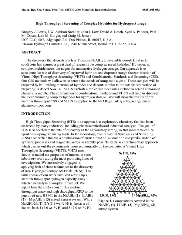 (PDF) High Throughput Screening of Complex Hydrides for Hydrogen Storage