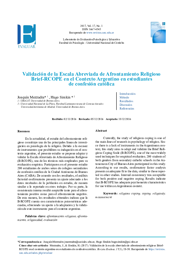 (PDF) Validación de la Escala Abreviada de Afrontamiento Religioso ...