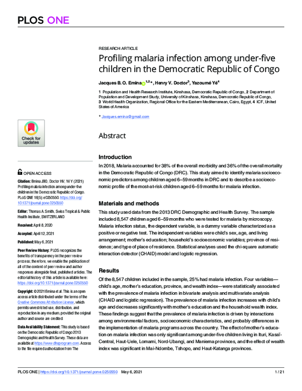 (PDF) Profiling malaria infection among under-five children in the ...