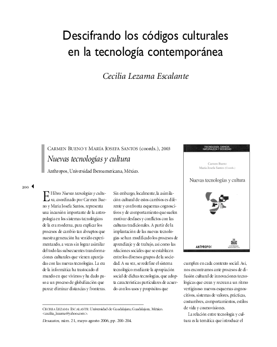 (PDF) Descifrando los códigos culturales en la tecnología contemporánea