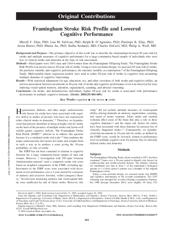 (PDF) Framingham Stroke Risk Profile and Lowered