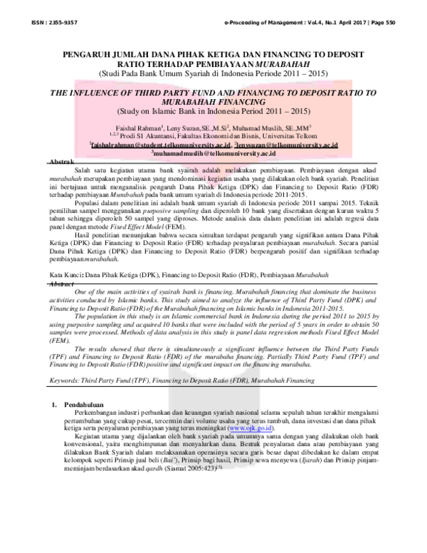 (PDF) Pengaruh Jumlah Dana Pihak Ketiga Dan Financing To Deposit Ratio Terhadap Pembiayaan ...