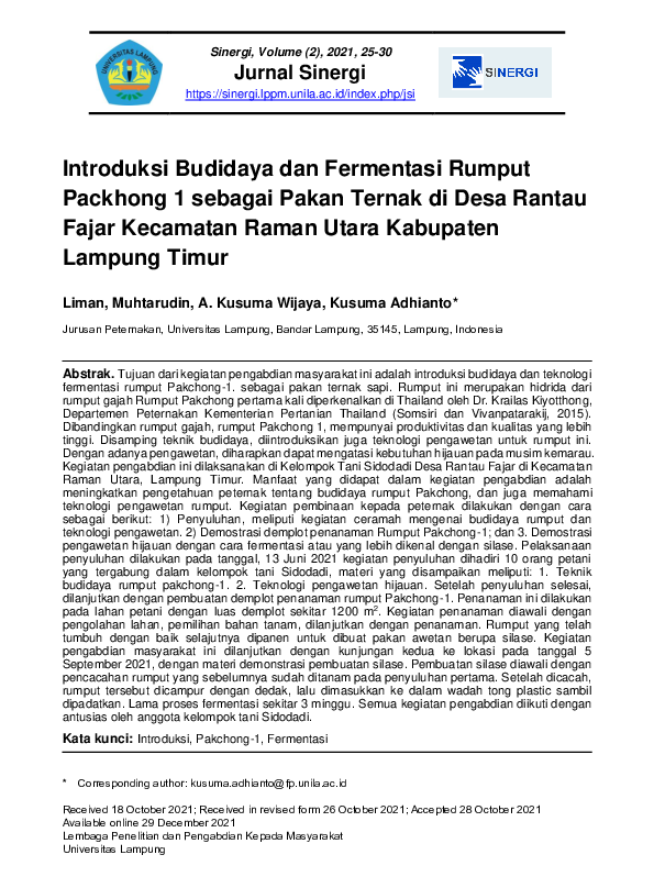 (PDF) Introduksi Budidaya dan Fermentasi Rumput Packhong 1 sebagai ...
