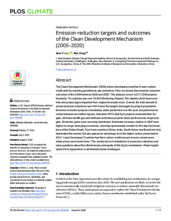 (PDF) Emission reduction targets and outcomes of the Clean Development ...