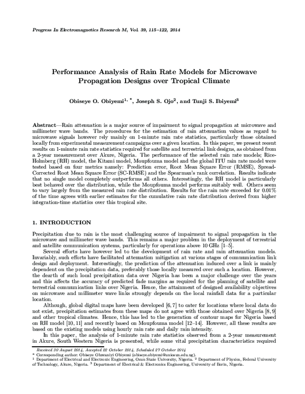 (PDF) Performance Analysis of Rain Rate Models for Microwave Propagation Designs Over Tropical ...