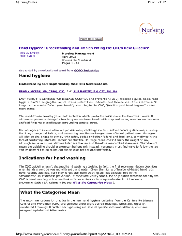 (PDF) Hand hygiene Understanding and Implementing the CDCʼs New Guideline