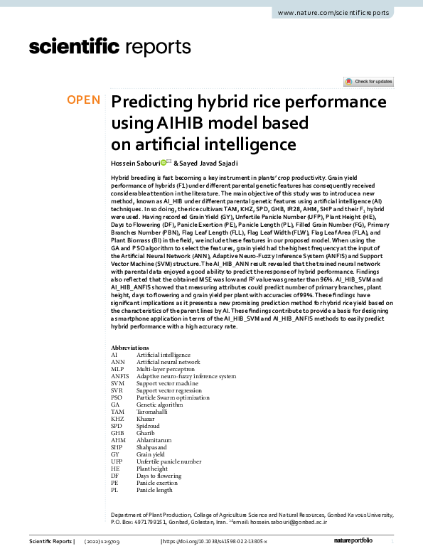 Pdf Predicting Hybrid Rice Performance Using Aihib Model Based On