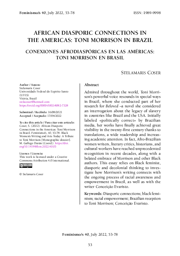 (PDF) African Diasporic Connections in the Americas: Toni Morrison in ...
