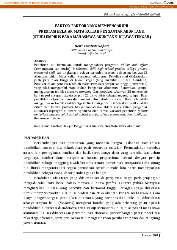 (PDF) Faktor-Faktor Yang Mempengaruhi Prestasi Belajar Mata Kuliah Pengantar Akuntansi(Studi ...