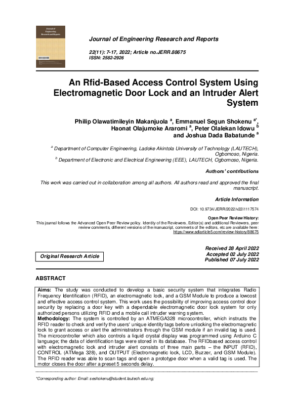 Pdf An Rfid Based Access Control System Using Electromagnetic Door Lock And An Intruder Alert