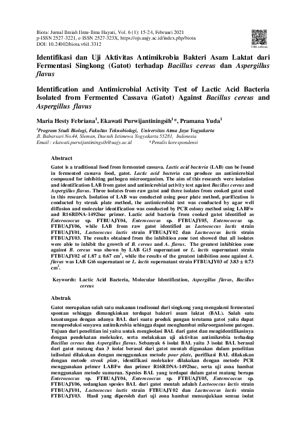 (PDF) Identifikasi dan Uji Aktivitas Antimikrobia Bakteri Asam Laktat dari Fermentasi Singkong ...
