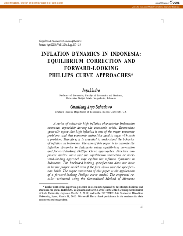 (PDF) Inflation Dynamics in Indonesia: Equilibrium Correction and Forward-Looking Phillips Curve ...