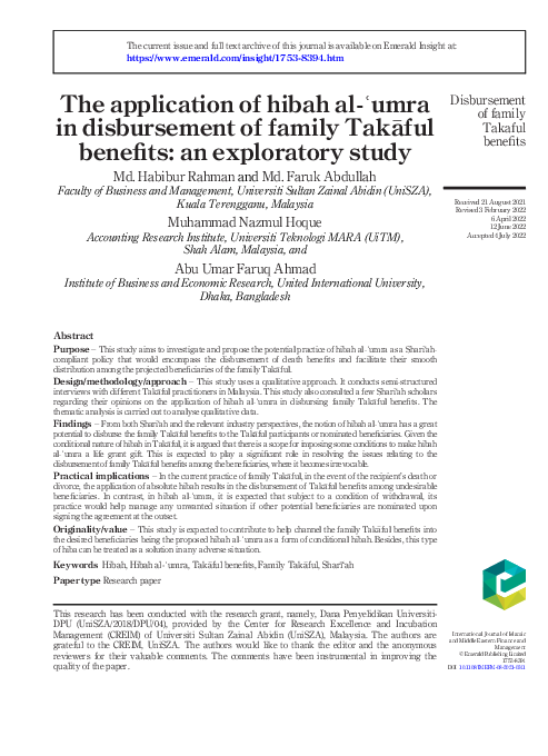 (PDF) The application of hibah al-ʿumra in disbursement of family Tak ...