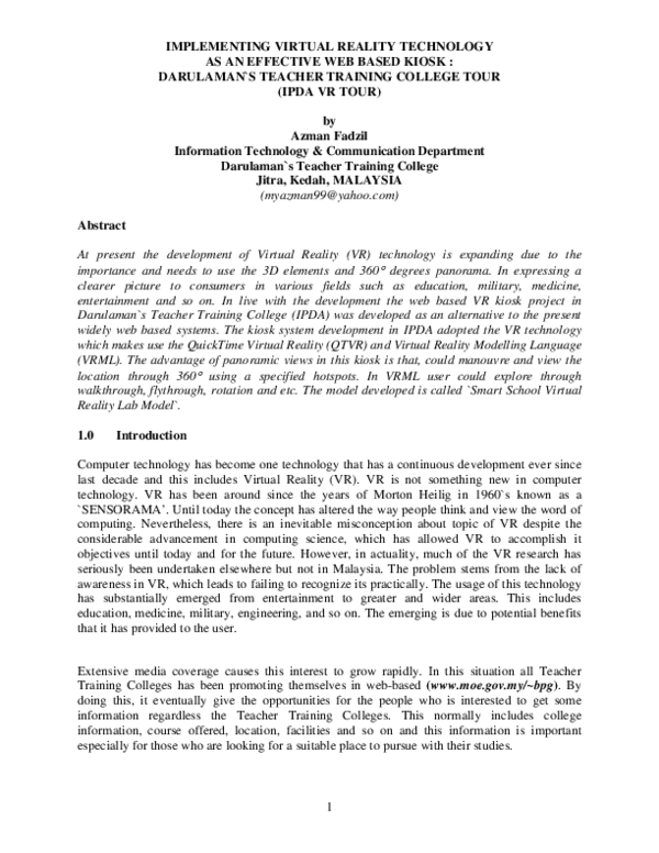 (PDF) Implementing Virtual Reality Technology as an Effective WEB Based KIOSK: Darulaman's ...
