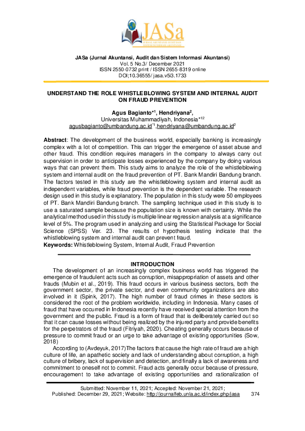 (PDF) Understand the Role Whistleblowing System and Internal Audit on Fraud Prevention