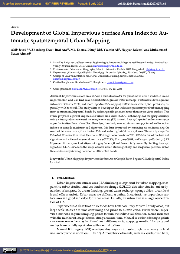 Pdf Development Of Global Impervious Surface Area Index For Automatic Spatiotemporal Urban Mapping