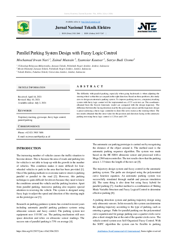 (PDF) Parallel Parking System Design with Fuzzy Logic Control | mochamad irwan nari - Academia.edu