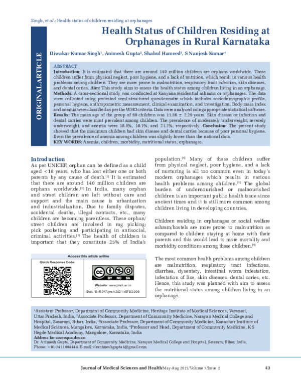 (PDF) Health Status of Children Residing at Orphanages in Rural Karnataka