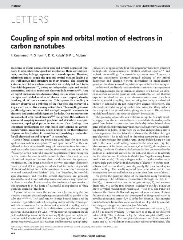 (PDF) Coupling of spin and orbital motion of electrons in carbon nanotubes