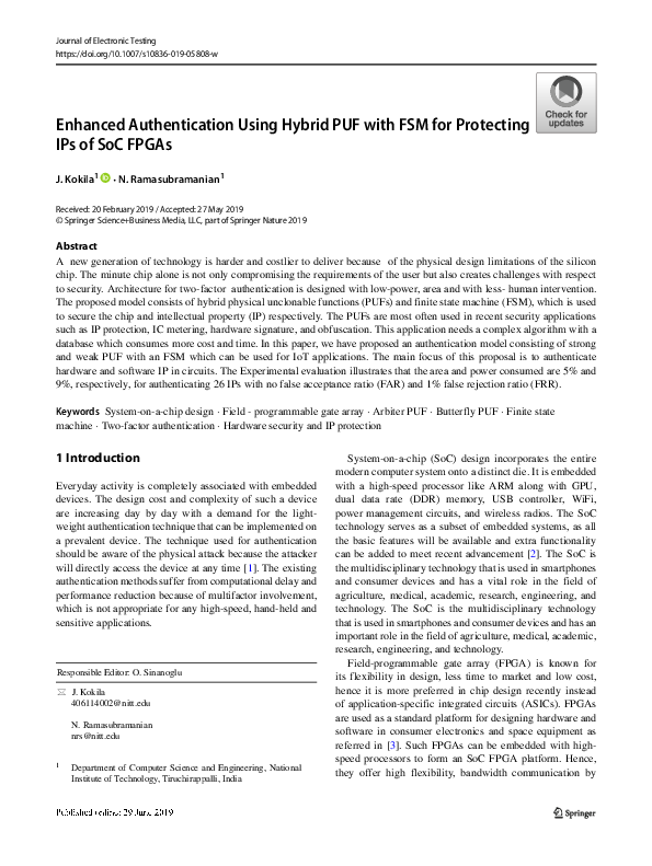 Pdf Enhanced Authentication Using Hybrid Puf With Fsm For Protecting Ips Of Soc Fpgas Dr J