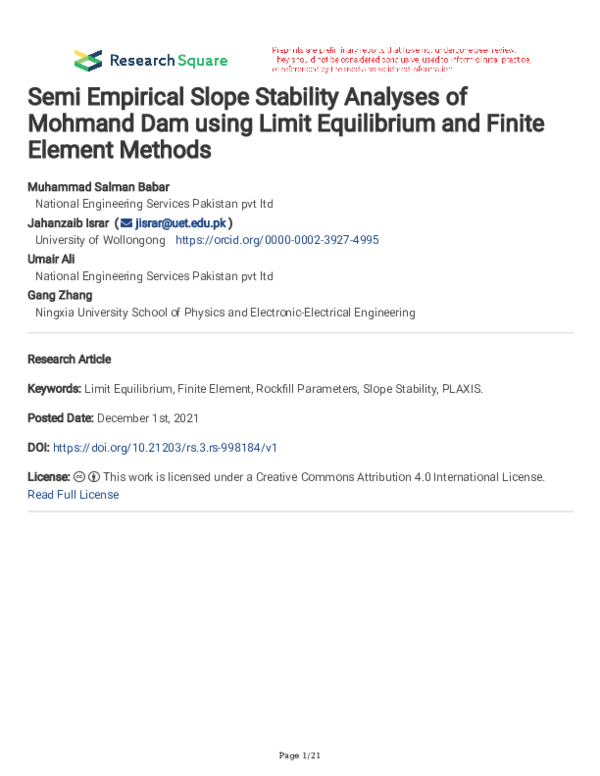 (PDF) Semi Empirical Slope Stability Analyses of Mohmand Dam using Limit Equilibrium and Finite ...