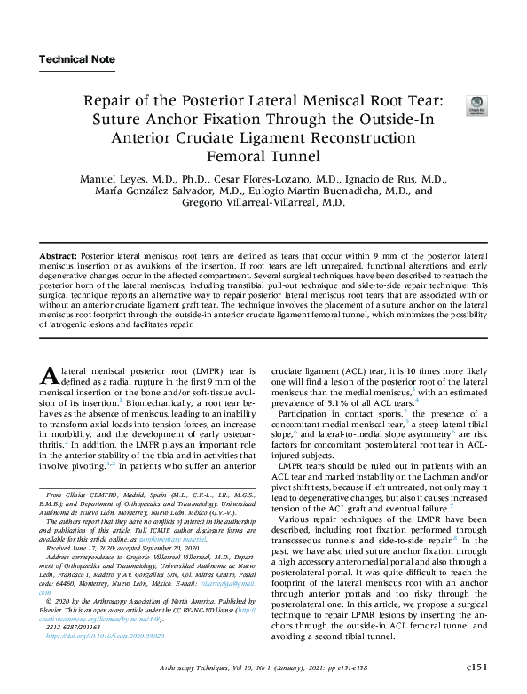 (PDF) Repair of the Posterior Lateral Meniscal Root Tear: Suture Anchor ...