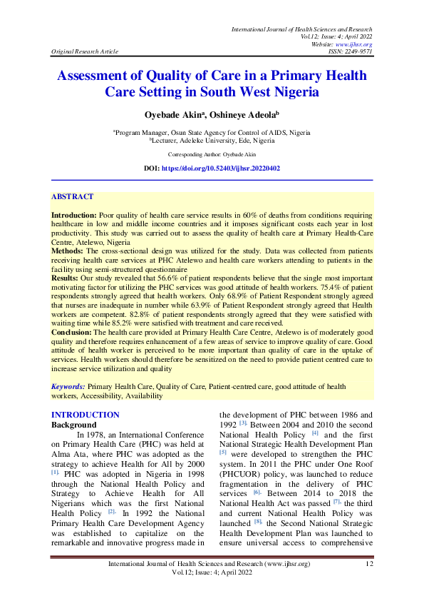 (PDF) Assessment of Quality of Care in a Primary Health Care Setting in ...