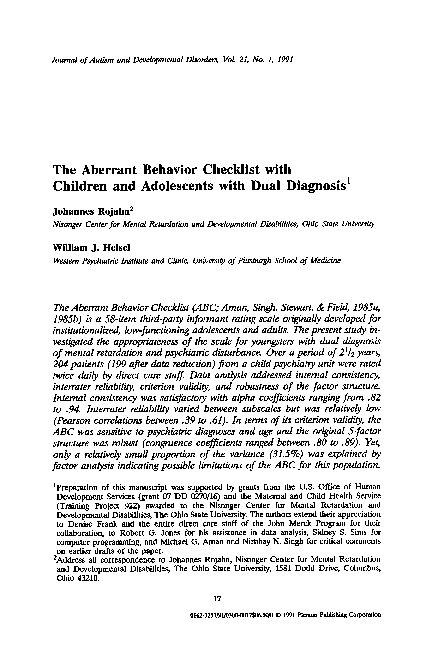 (PDF) The aberrant behavior checklist with children and adolescents ...