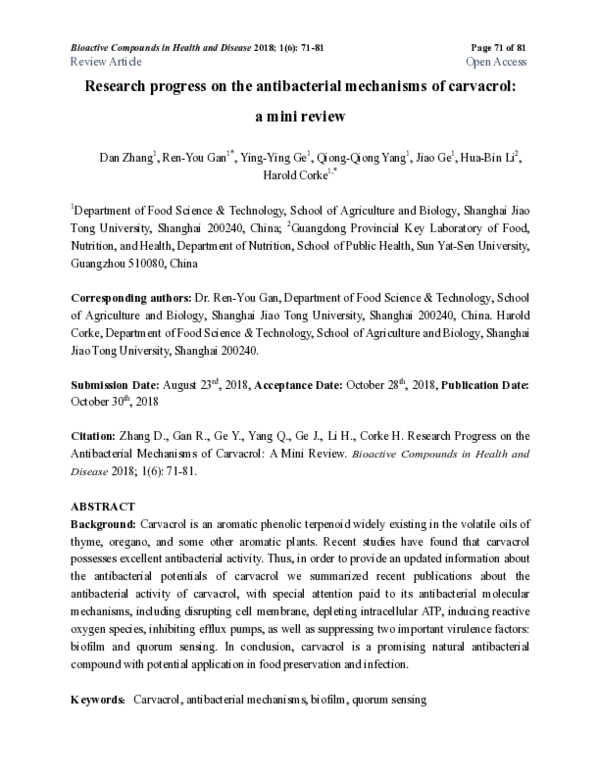 (PDF) Research progress on the antibacterial mechanisms of carvacrol: a ...