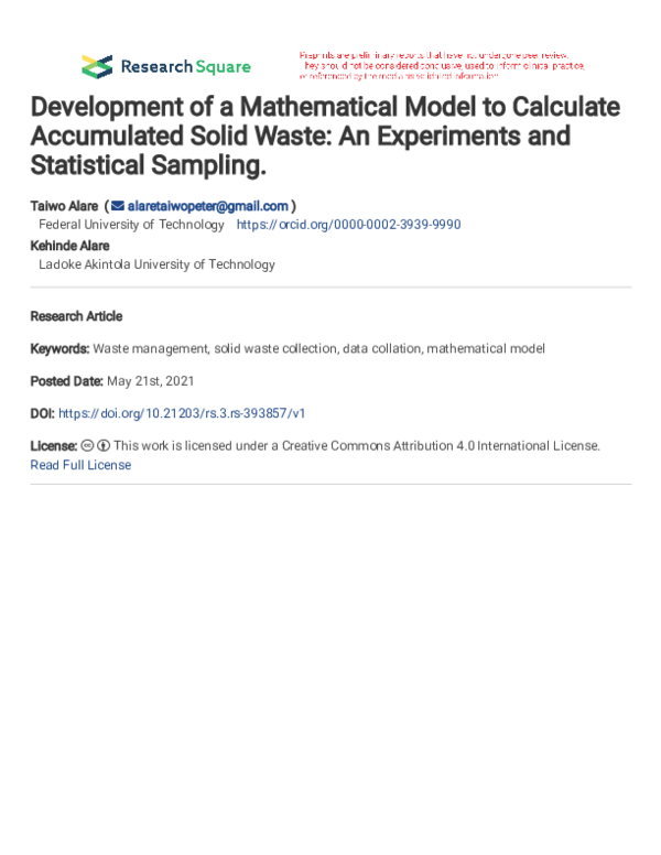 (PDF) Development of a Mathematical Model to Calculate Accumulated Solid Waste: An Experiments ...